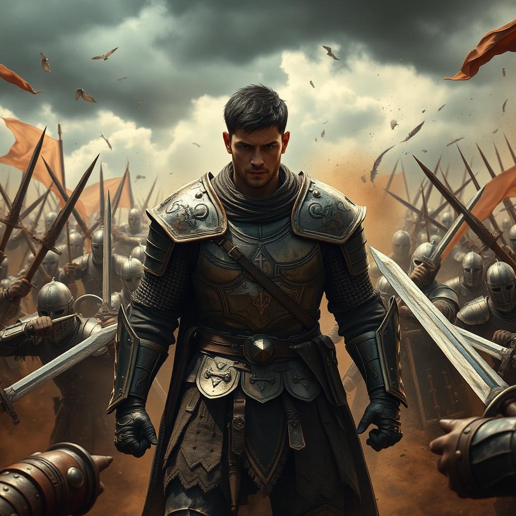 Epic Battle Scene: A Valiant Warrior Stands Against Overwhelming Odds