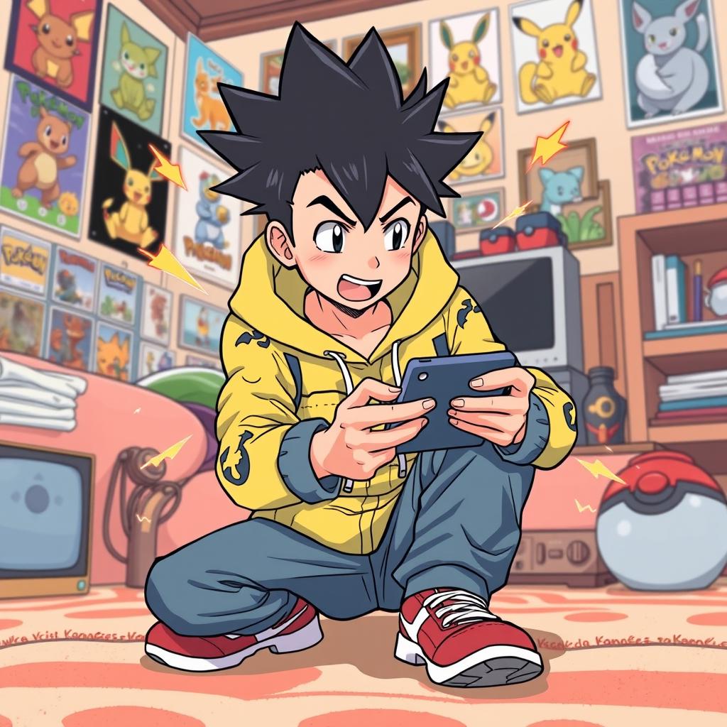 Energetic Anime Illustration of a Young Pokemon Gamer