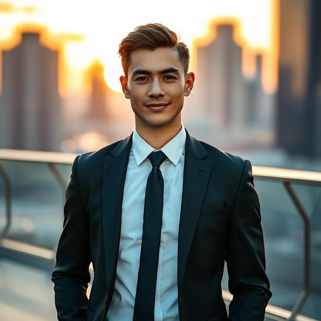 Elegant Formal Attire: Black Suit & Urban Sunset Style