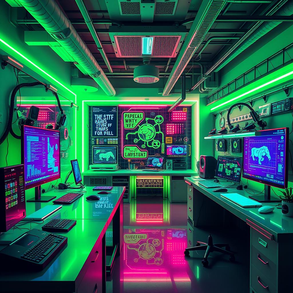 Explore a Futuristic Neon Green Pixel Lab: A Creative Digital Playground