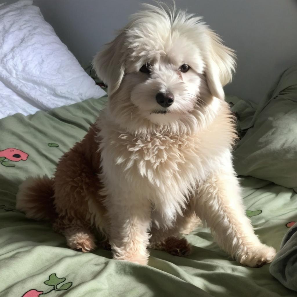 Whimsical Ghibli-Inspired Scene of a Fluffy Dog on a Cozy Bed