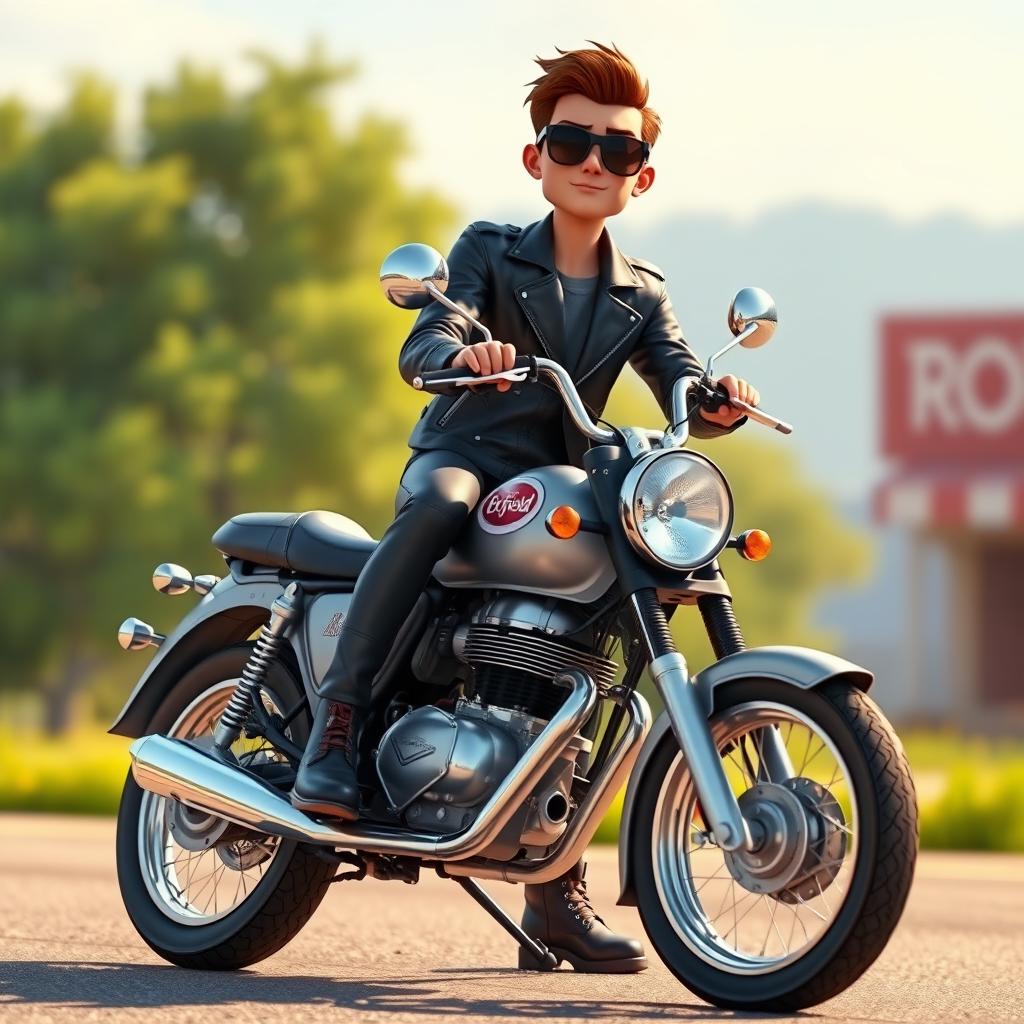 Stylish 30-Year-Old on a Pixar-Style Royal Enfield Motorcycle
