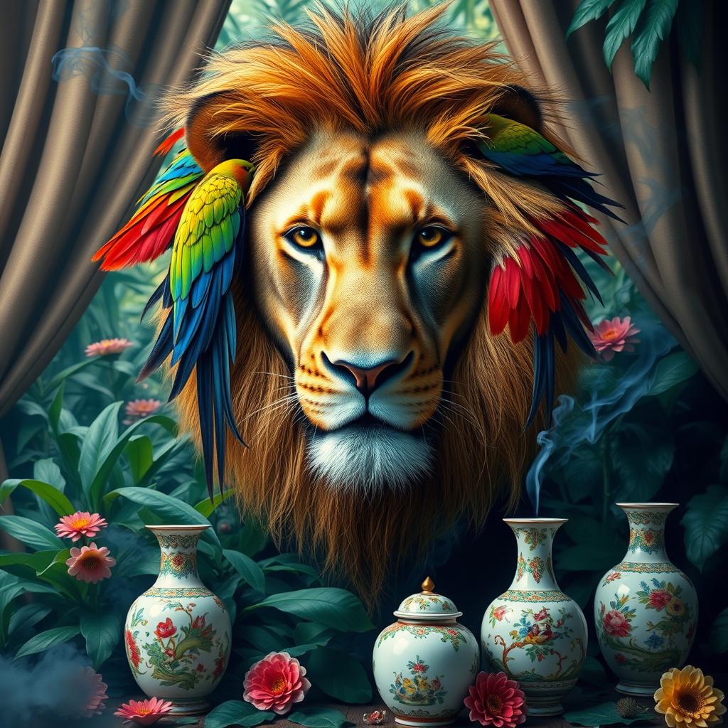 Surreal Lion-Human Hybrid Art in Vibrant Jungle | Idyllic