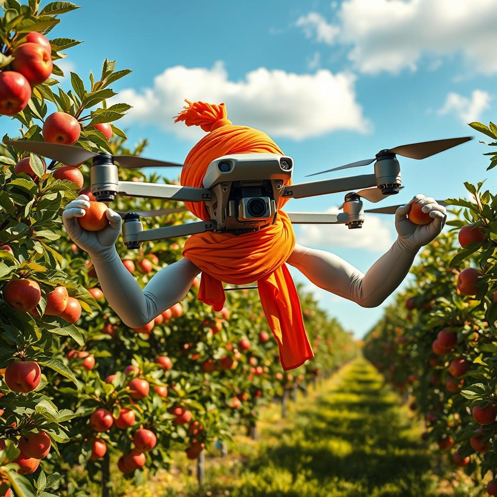Surreal Drone-Human Hybrid in Lush Apple Orchard