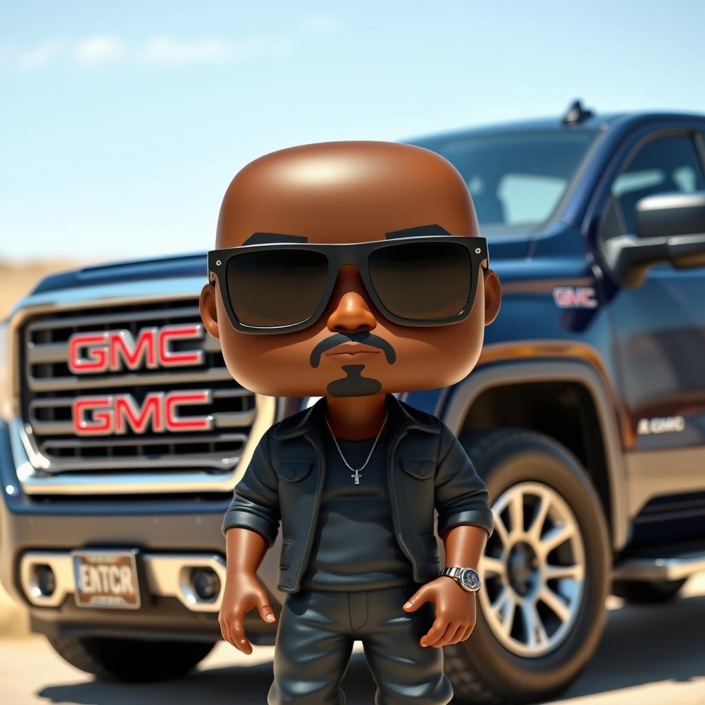 Stylish Funko Pop Figure of a Confident Bald Black Man Next to GMC Truck