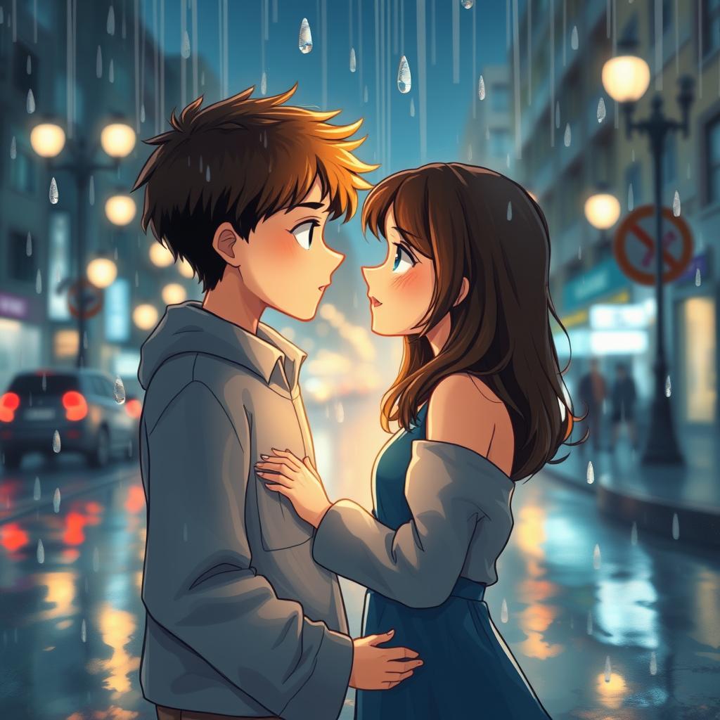 Magical Rainy Encounter: A Beautifully Illustrated Scene of Romance