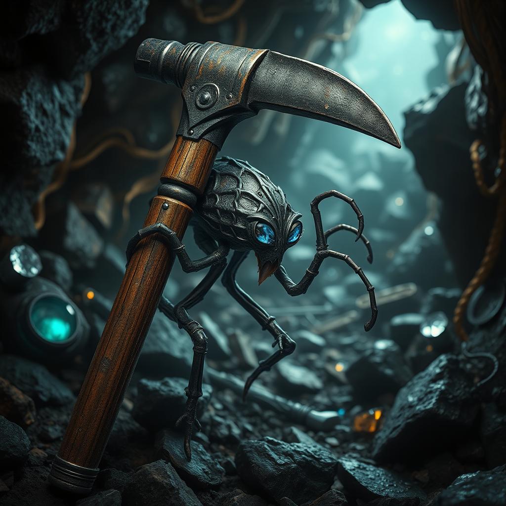 Enchanted Mimic: A Fantasy Mining Pick in a Dim Cave