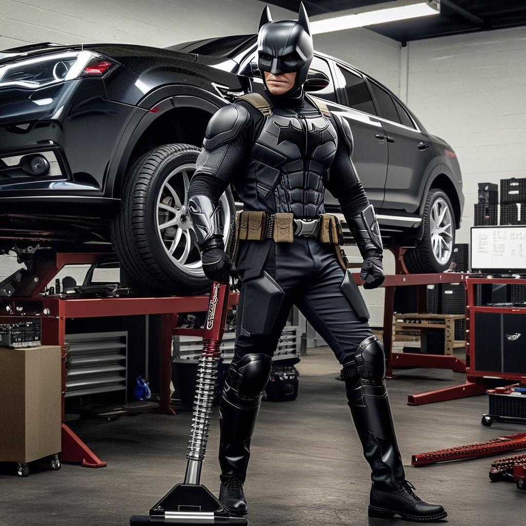 Heroic Mechanics: A Dark Superhero Scene in a Workshop