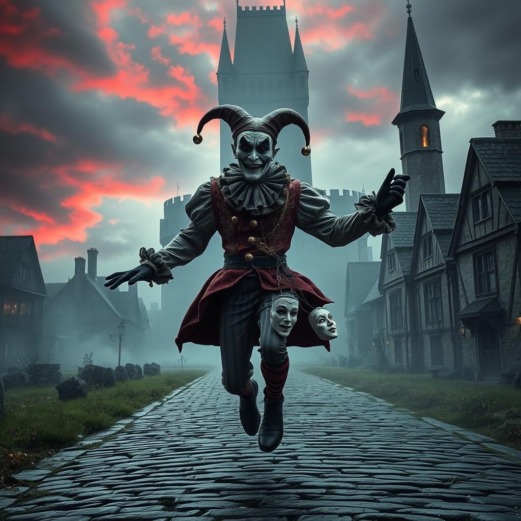 Eerie Fantasy Scene: Jester in Front of a Sinister Castle