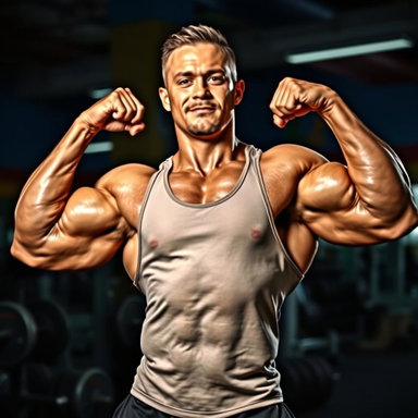 A powerful bodybuilder flexing in an impressive pose, showcasing well ...