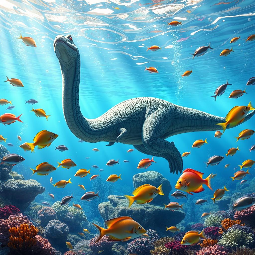 Vibrant Underwater Scene: Plesiosaurus Swimming Among Colorful Fish