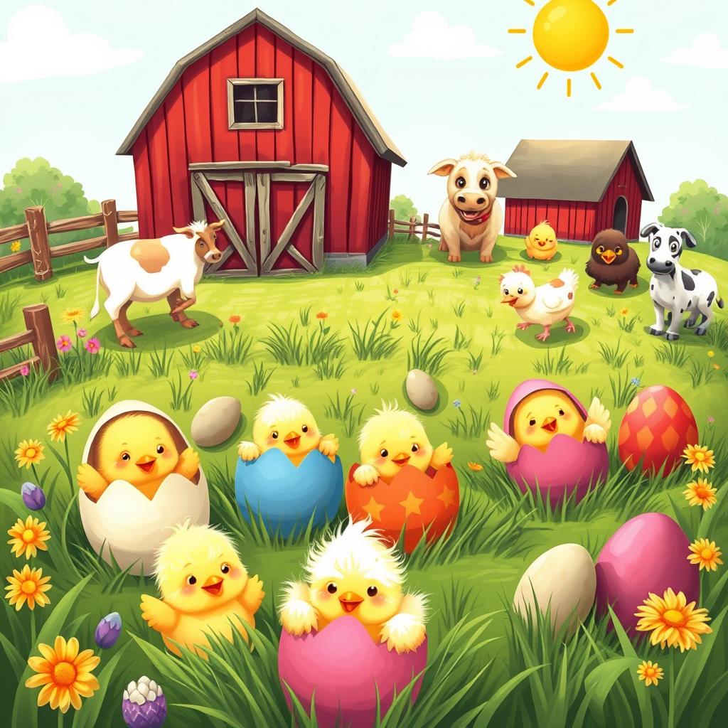 Whimsical Farm Scene: Cute Chicks Hatching in a Sunny Barnyard