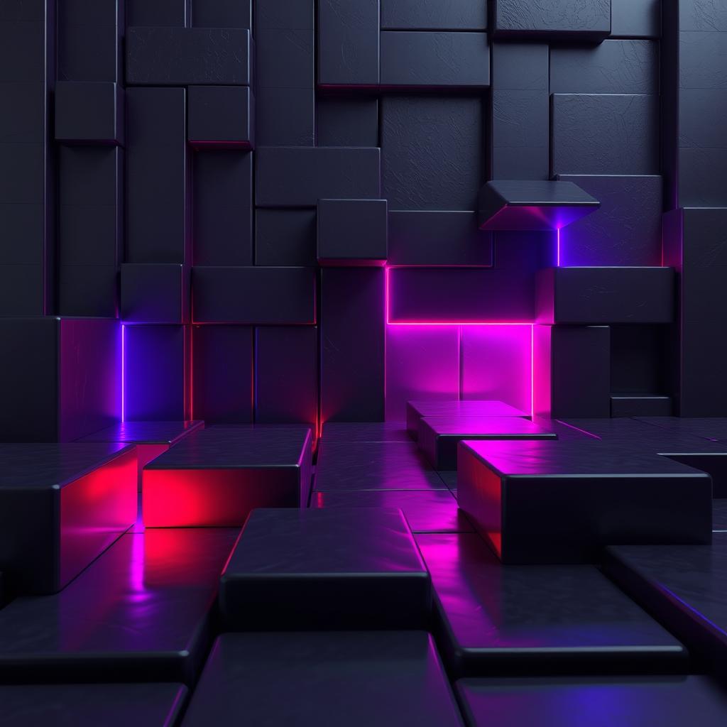 Dynamic Abstract Scene with Vibrant RGB Lighting and Black Tiles