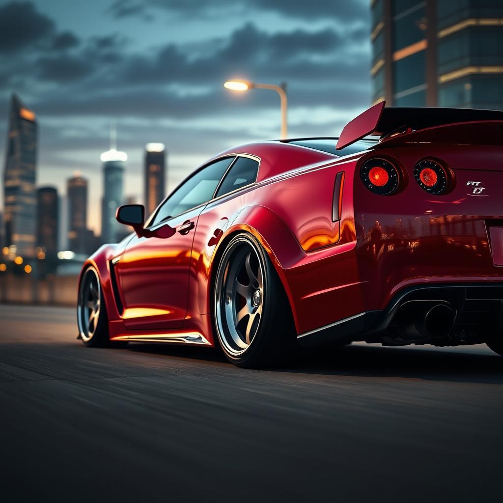 Vibrant Red Sport Car in Dynamic Cityscape at Dusk