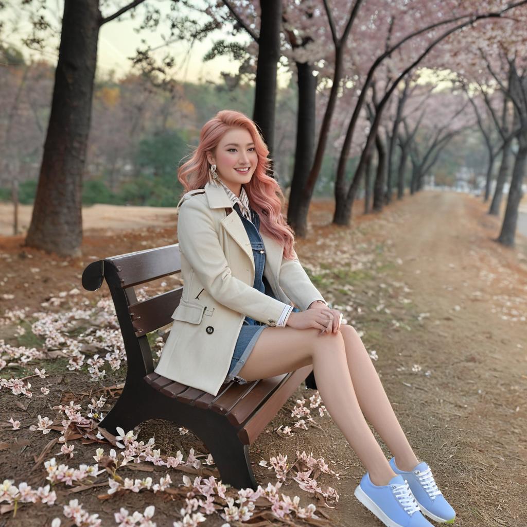 Spring Serenity: A Stylish Park Bench Scene with Cherry Blossoms