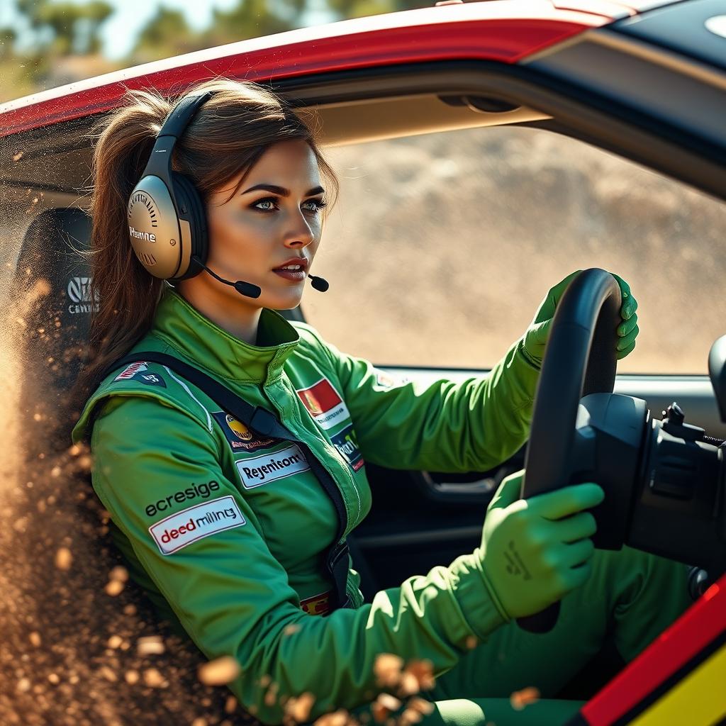 Dynamic Rally Race Scene: Skilled Female Driver in Action