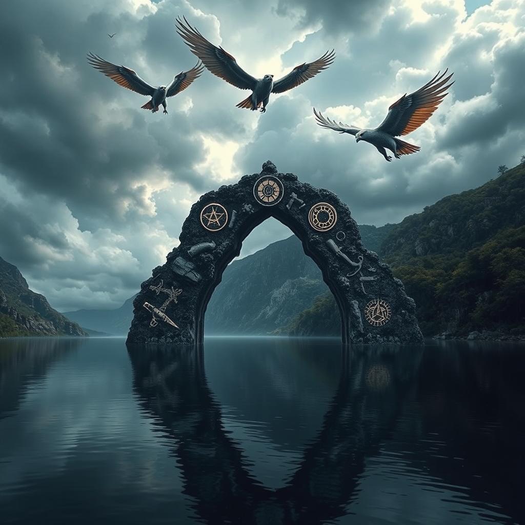 Enchanting Lake with Merlin's Arch and Soaring Griffins | Mystical AI Art