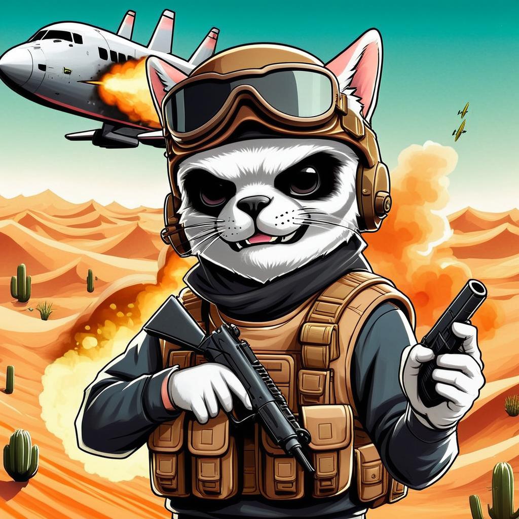Adventurous Skeletal Cat in Tactical Outfit - Cartoon Scene