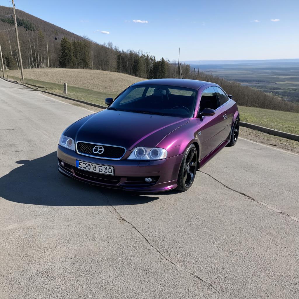 Vibrant Purple Car on Scenic Mountain Road | Idyllic AI Ideas