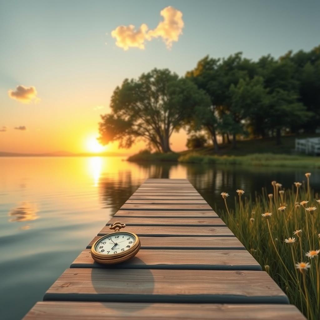 Experience Priceless Time: A Tranquil Sunset Over a Calm Lake