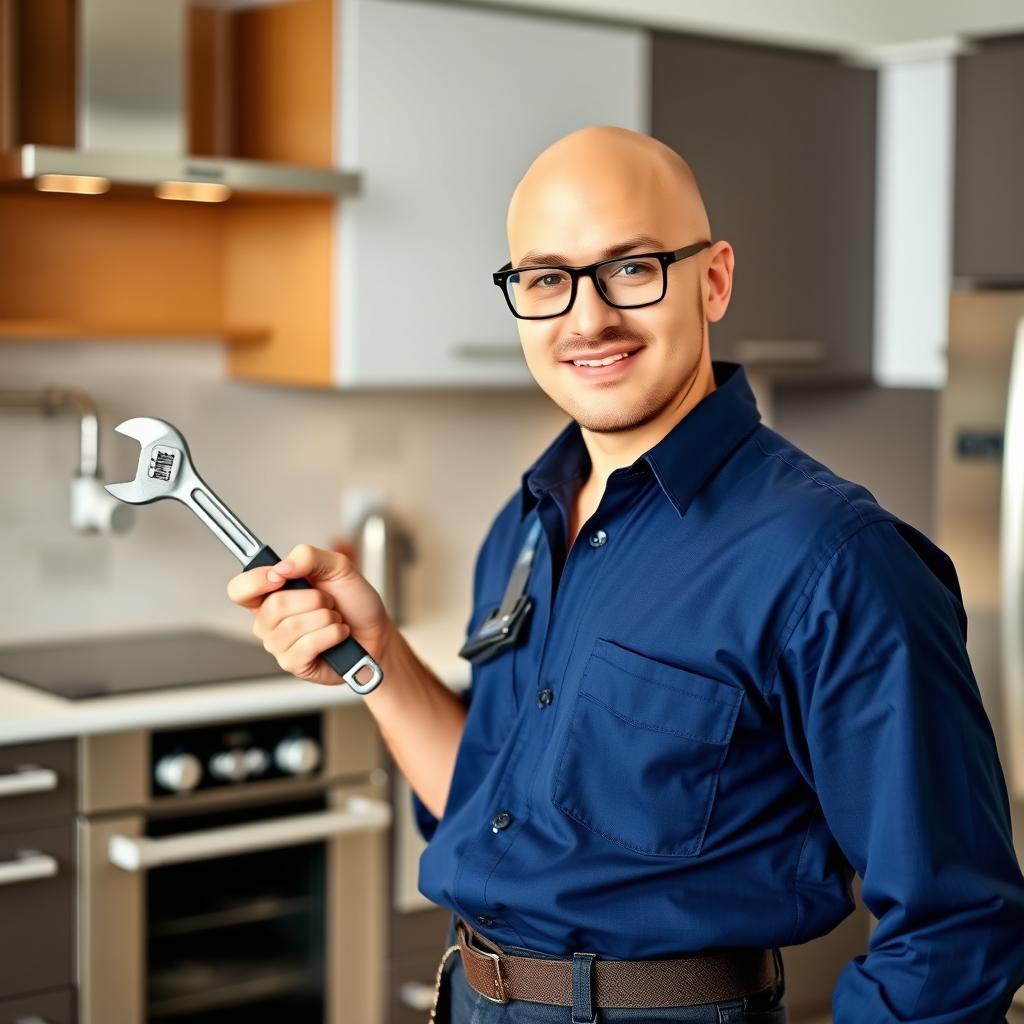 Confident Bald Plumber in Modern Kitchen - Ready for Action