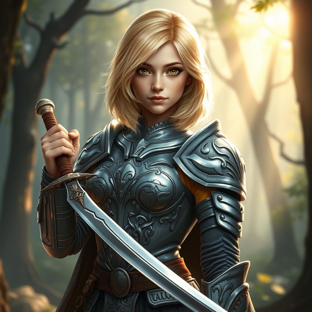 Heroic Young Female Paladin in Mystical Forest - Idyllic AI Art