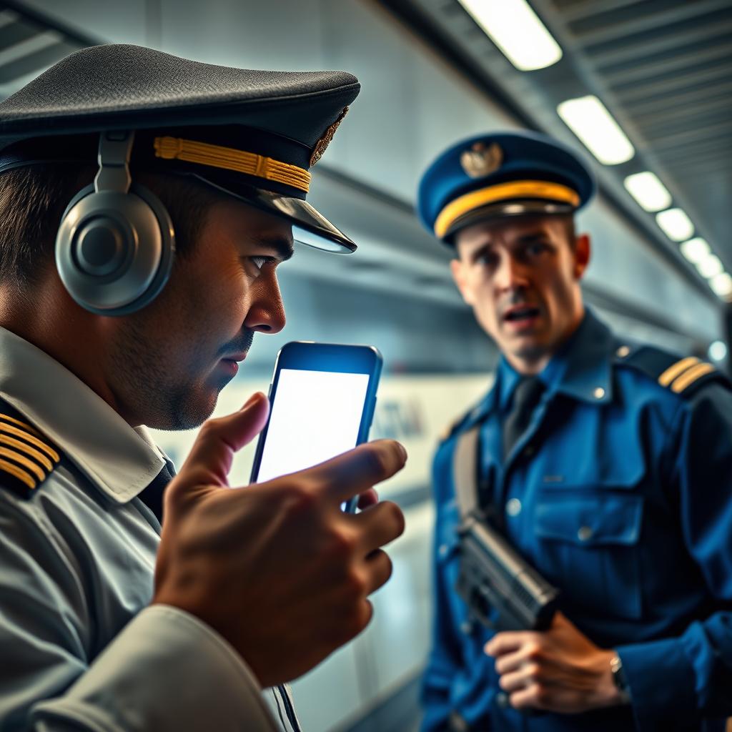 Intense Showdown: Pilot vs Gendarme in Suspenseful Airport Scene