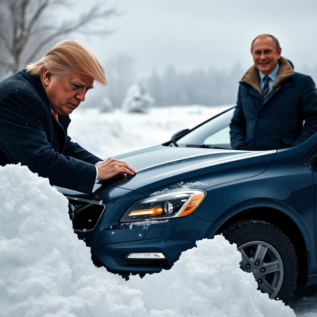 Humorous Winter Scene: Trump vs. Putin Changing Oil in Snow