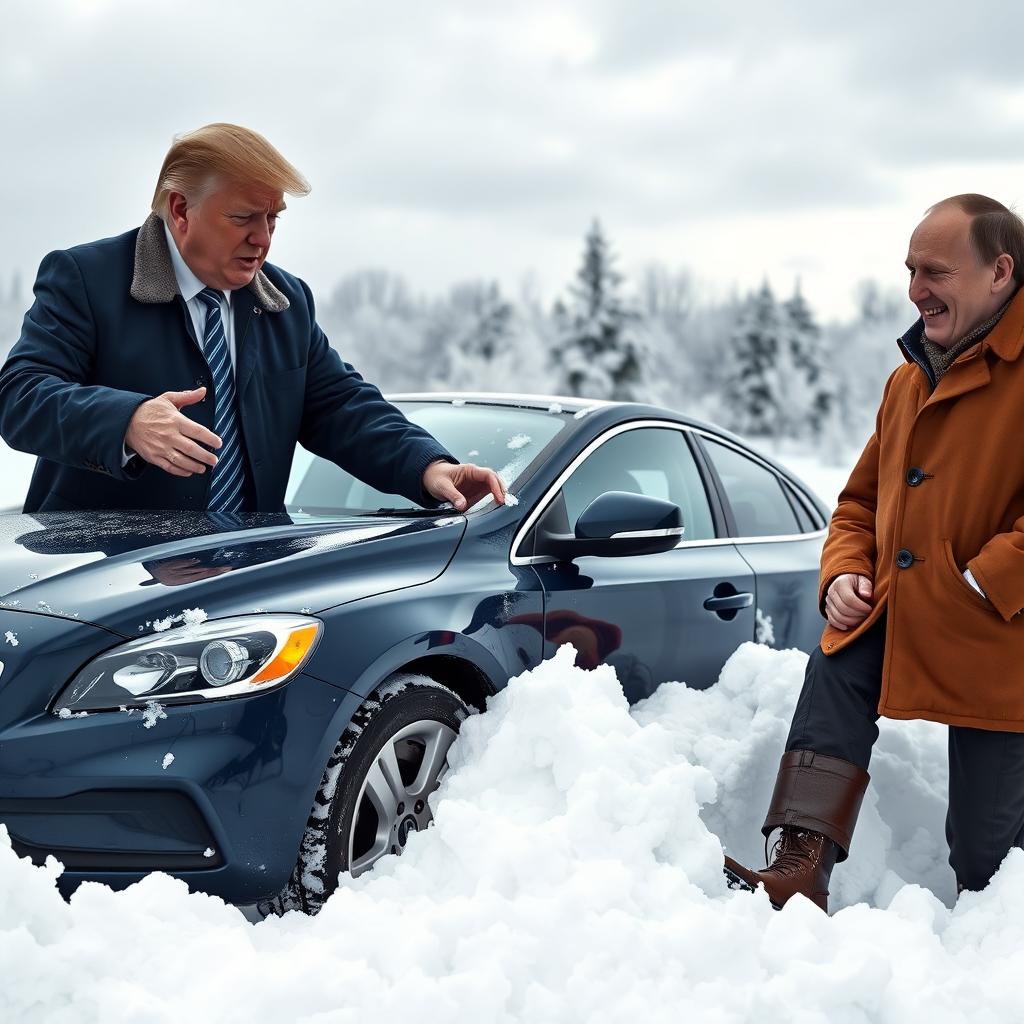 Donald Trump Oil Changing in Snow: A Comedic Winter Scene with Putin