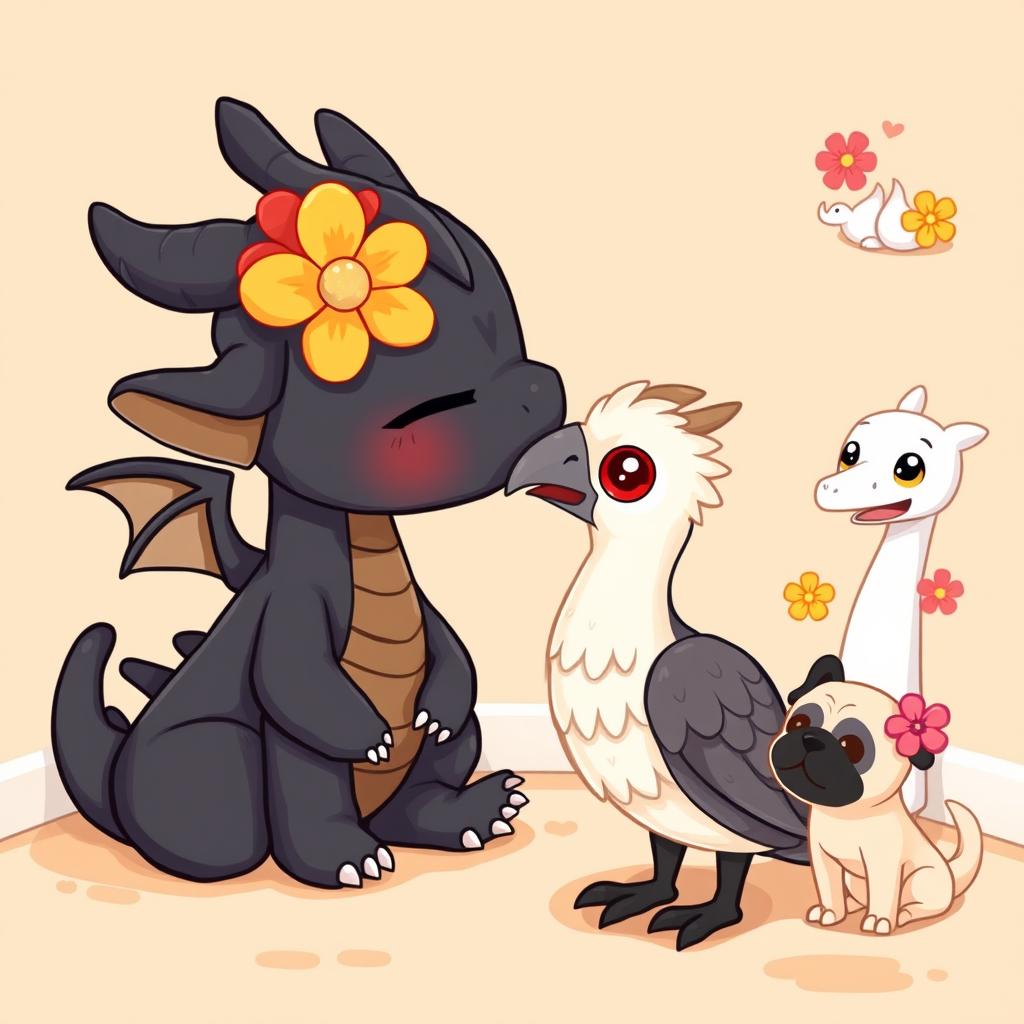 Whimsical Cartoon Love: Black Dragon & Dodo Bird