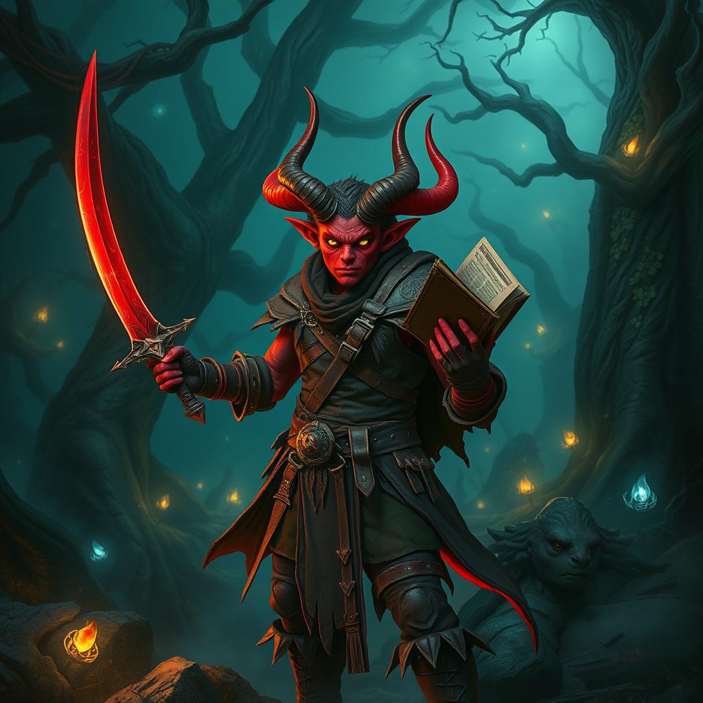 Mystical Red Tiefling Adventurer in Enchanted Forest
