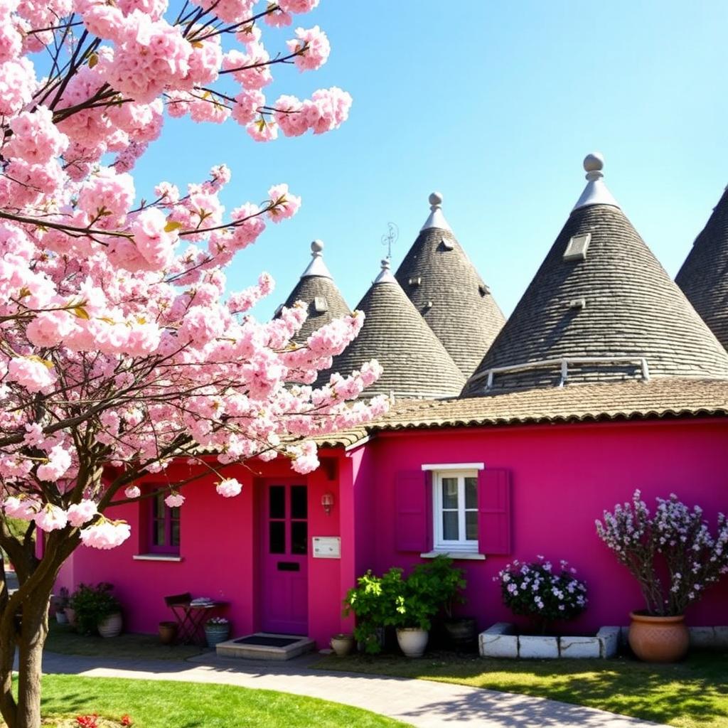 Charming Magenta House and Trulli in Blooming Cherry Orchard