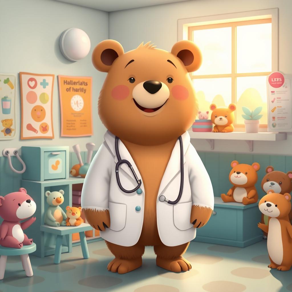 Whimsical Doctor Bear in a Cozy Animal Clinic