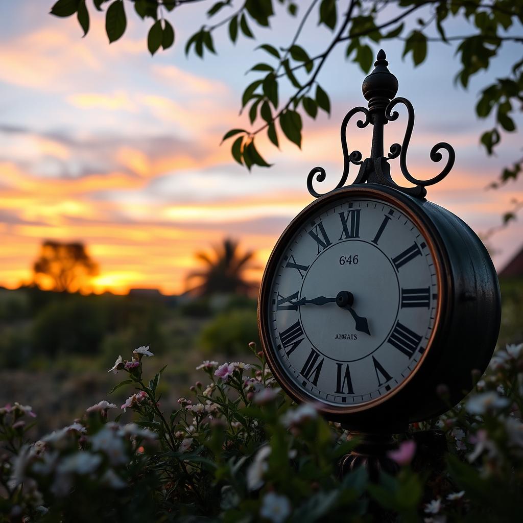 Twilight Serenity: A Vintage Clock Amidst a Breathtaking Sunset