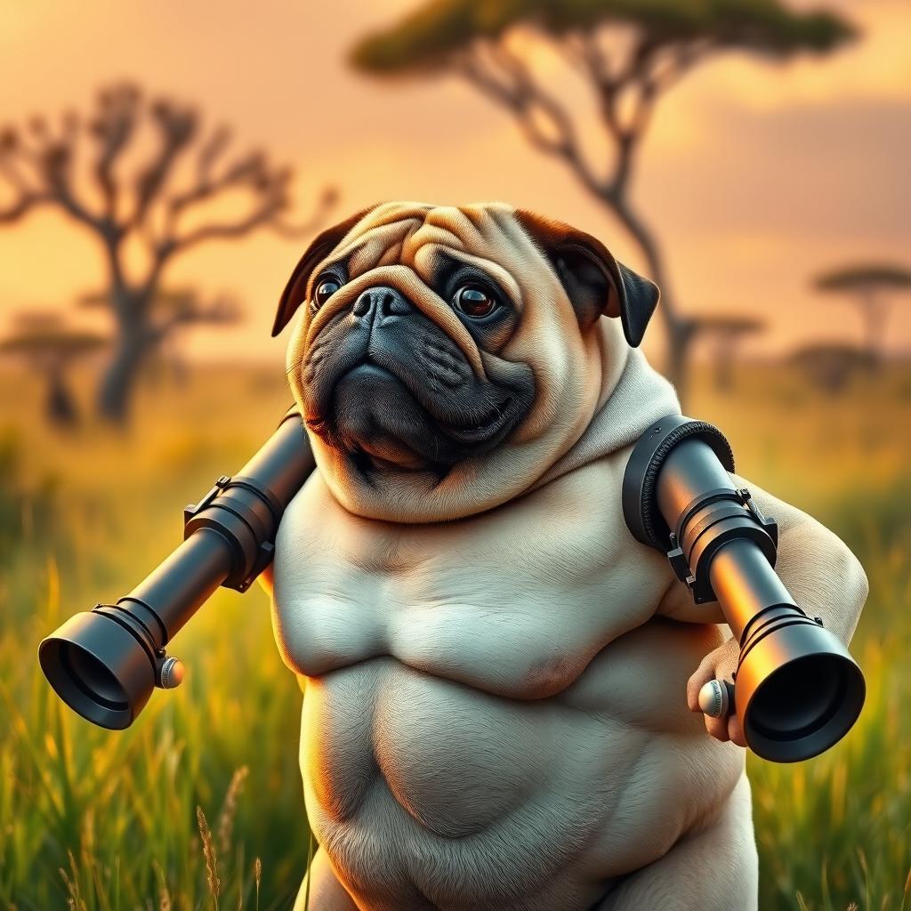 Pug Power: A Muscular Dog with Cannons in a Vibrant Savannah