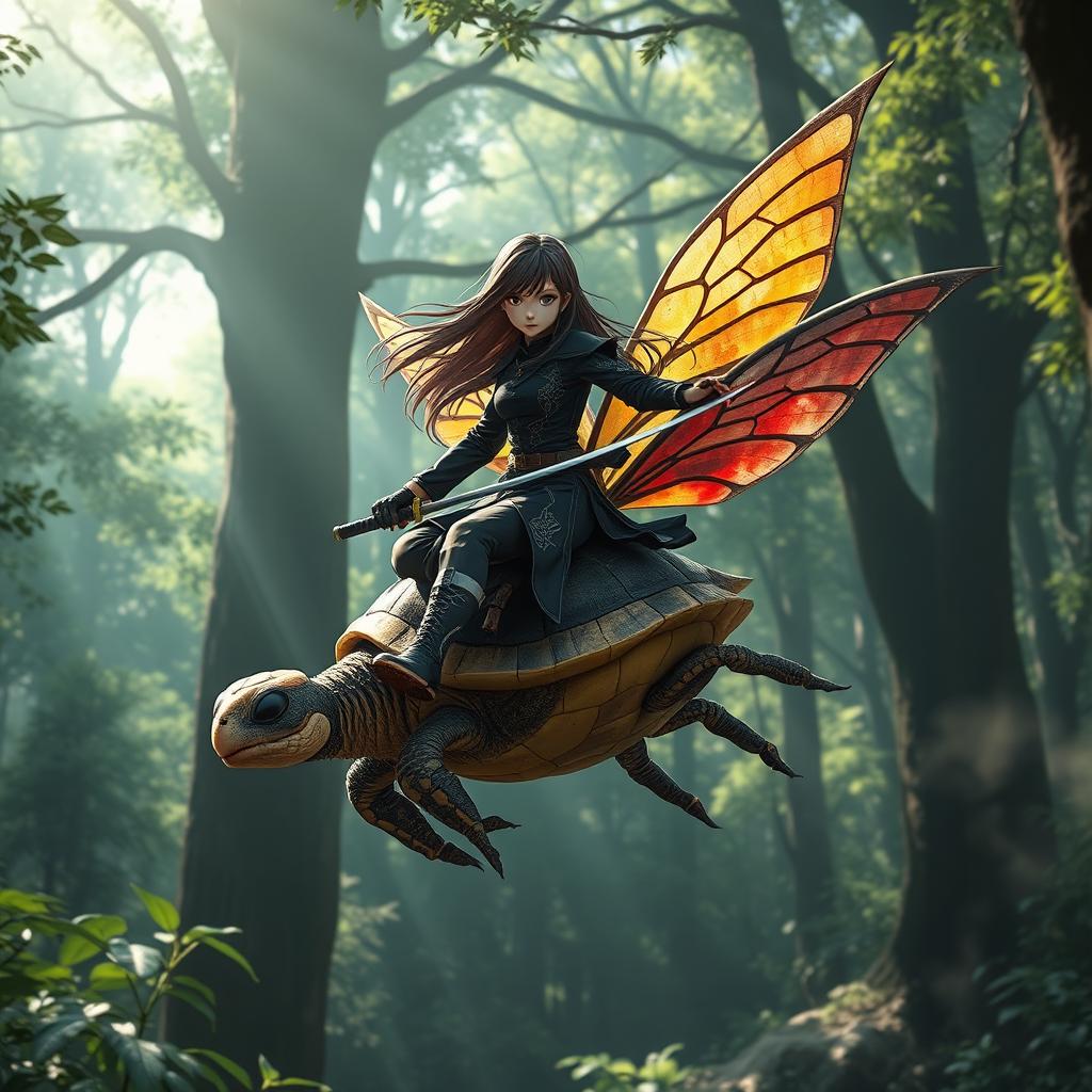 Breathtaking Ninja Adventure: Girl Riding a Unique Bee-Turtle Creature