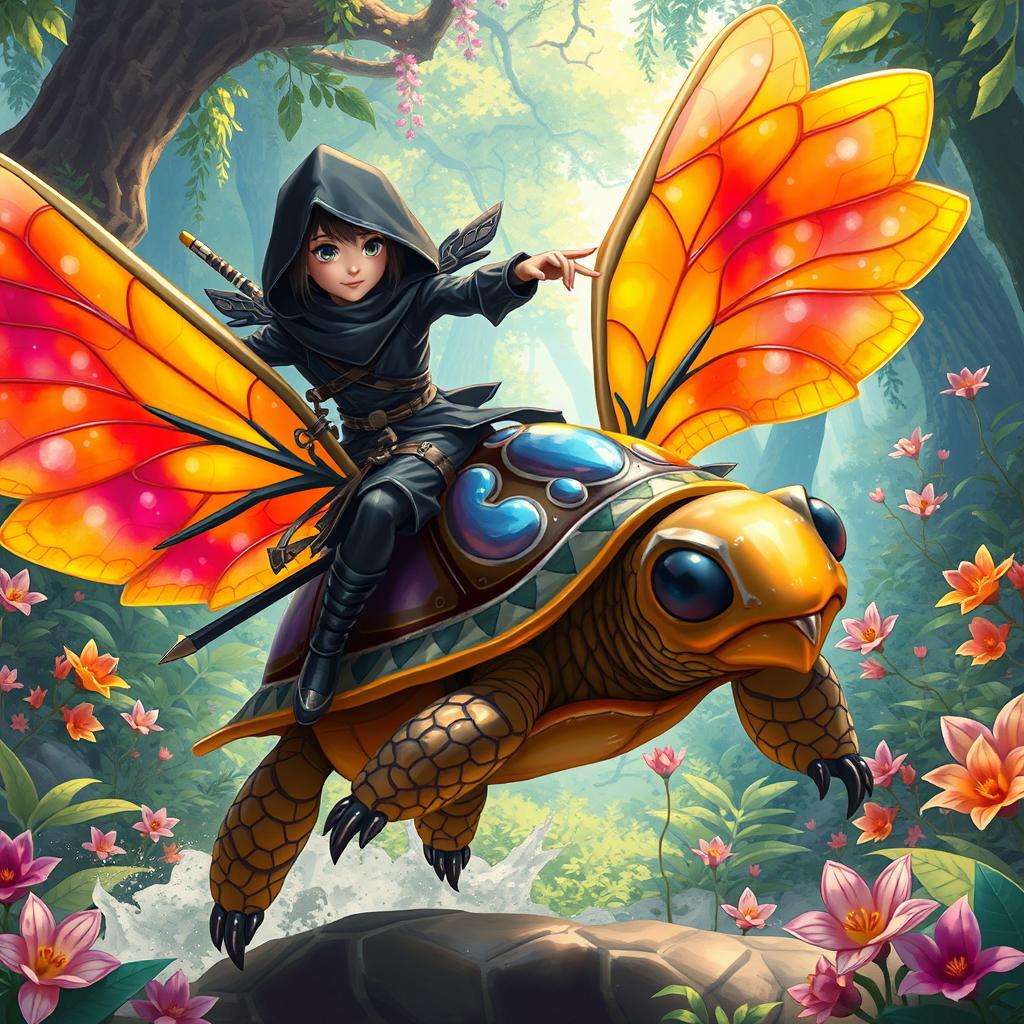 Ninja Girl on a Bee-Turtle Hybrid: A Dreamlike Adventure