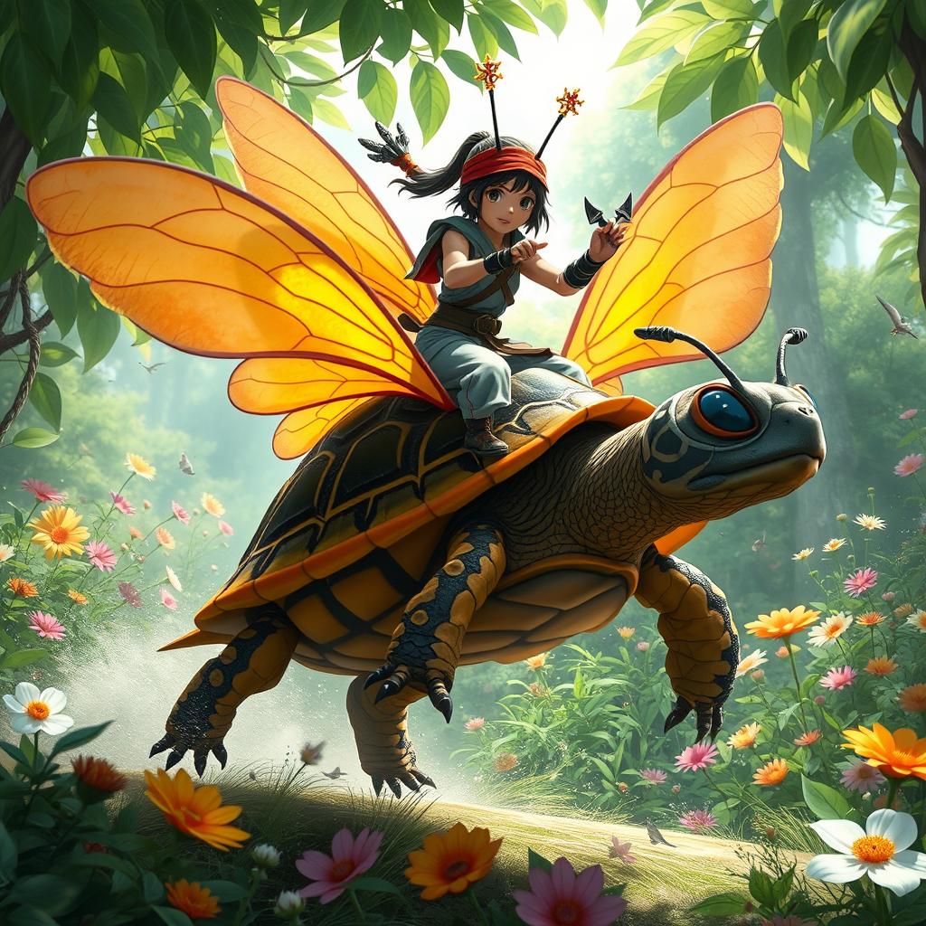 Epic Ninja Girl Riding a Bee-Winged Turtle: A Whimsical Adventure
