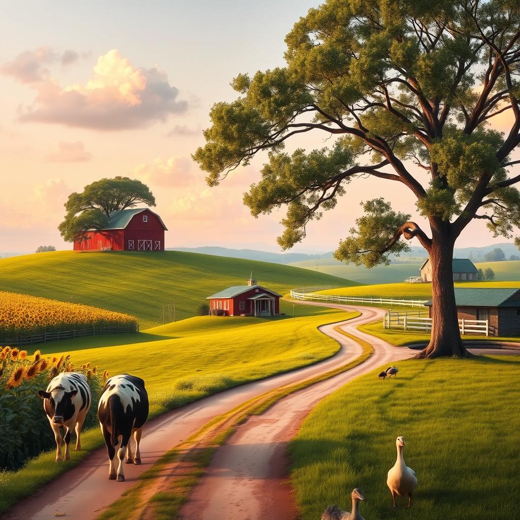 Tranquil Farm Landscape at Sunrise | Idyllic AI Art