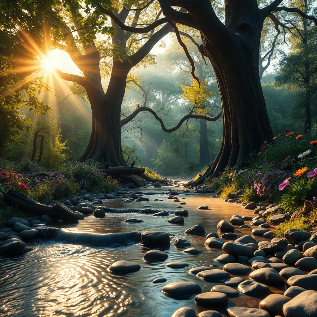 Lush Dawn Forest Scene - Tranquil Nature Imagery