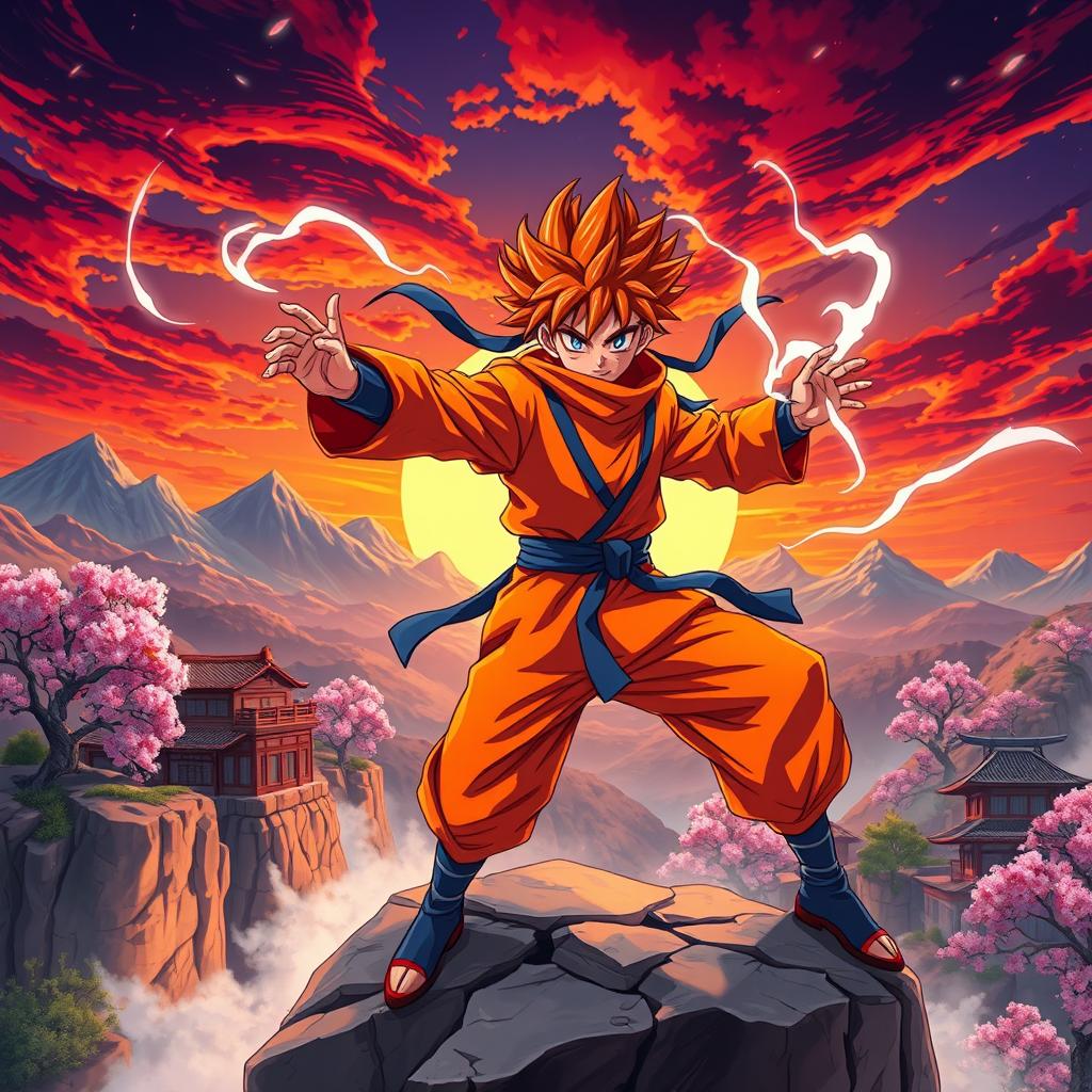 Epic Ninja Scene Inspired by Anime | Dynamic Character with Vibrant Sunset