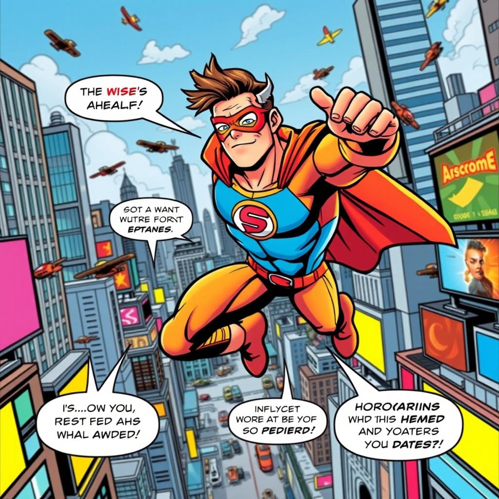 Vibrant Comic Book Scene: A Superhero Soars Through the City