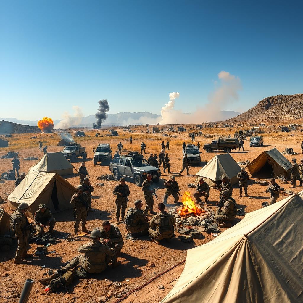 Dynamic War Camp Scene: Resilience and Camaraderie in Tactical Gear