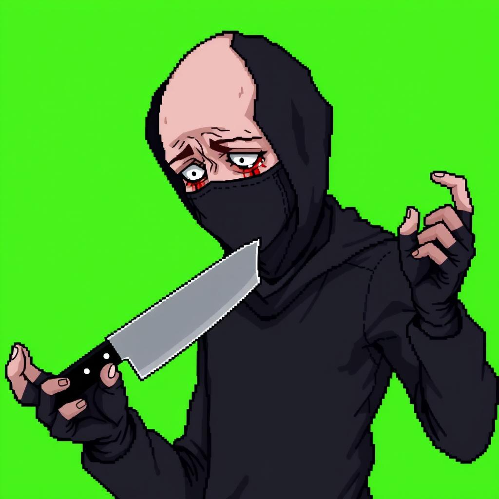 Terrified Pixel Art Character with a Cleaver Against a Bright Green ...