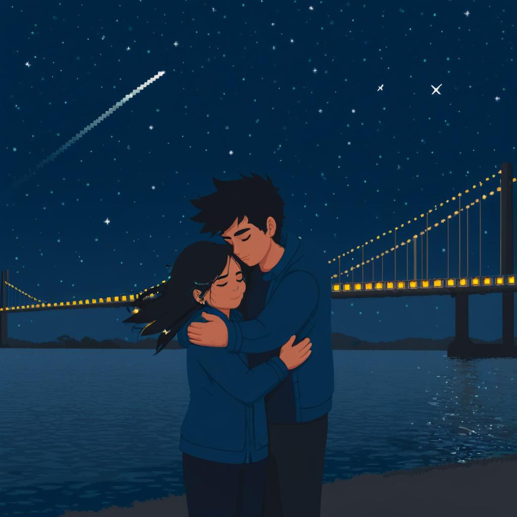 Romantic Pixel Art: Couple Embracing Under a Starry Night