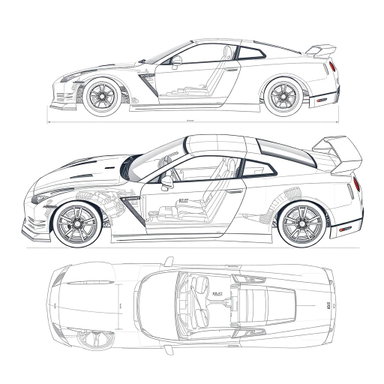 Realistic 3D Blueprint of Nissan GTR R35 - Detailed Technical Design