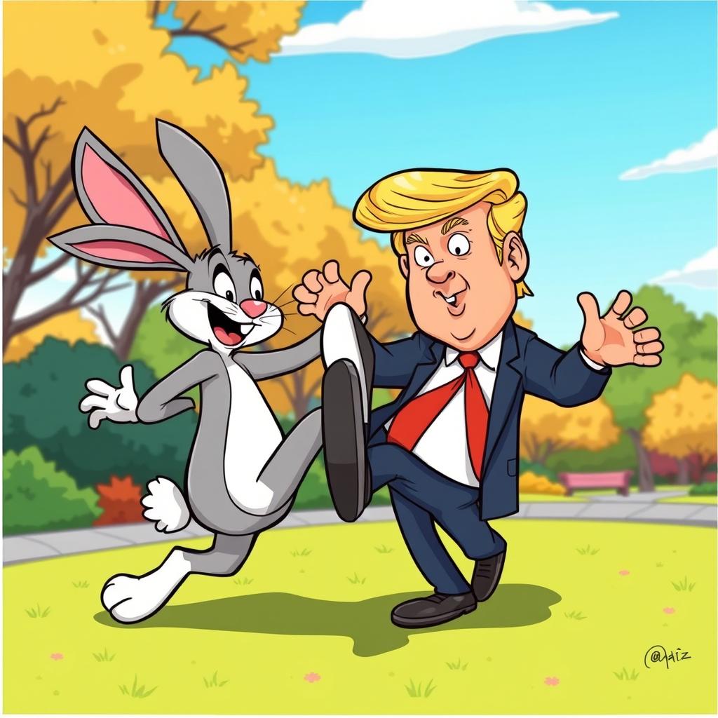 Whimsical Political Satire: Cartoon Rabbit vs. Trump & Putin