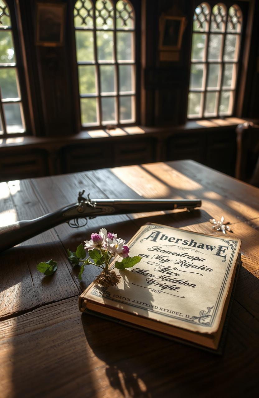 Nostalgic Tavern Scene: Old Oak Table with Myrtle Flower and Vintage Pistol