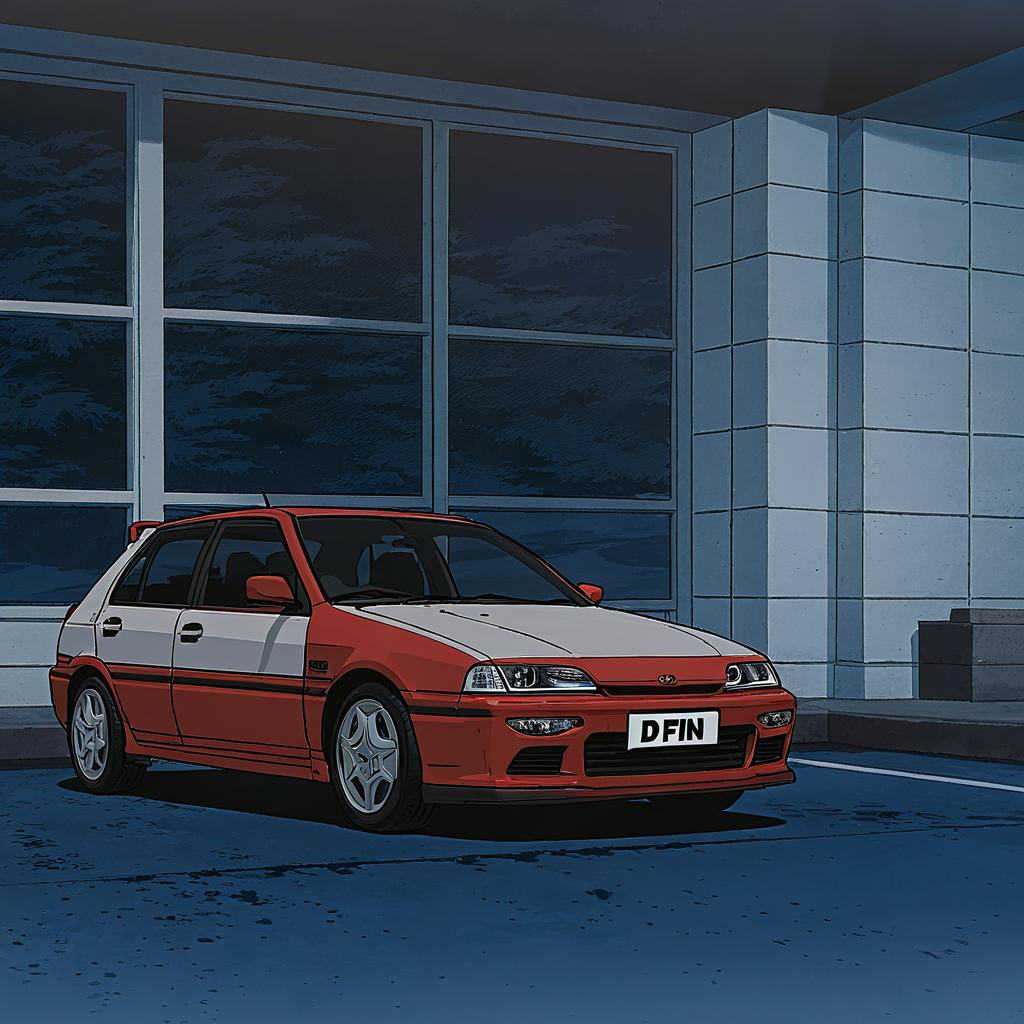 Urban Night Scene: Red Car with Initial D Tofu Shop Livery