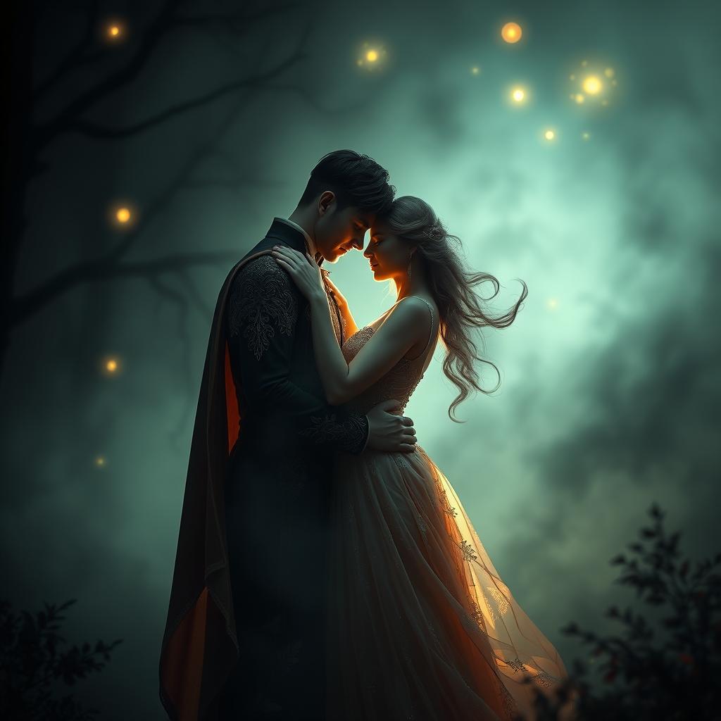 Enchanting Romantic Fantasy: A Couple's Embrace in Dark Mist